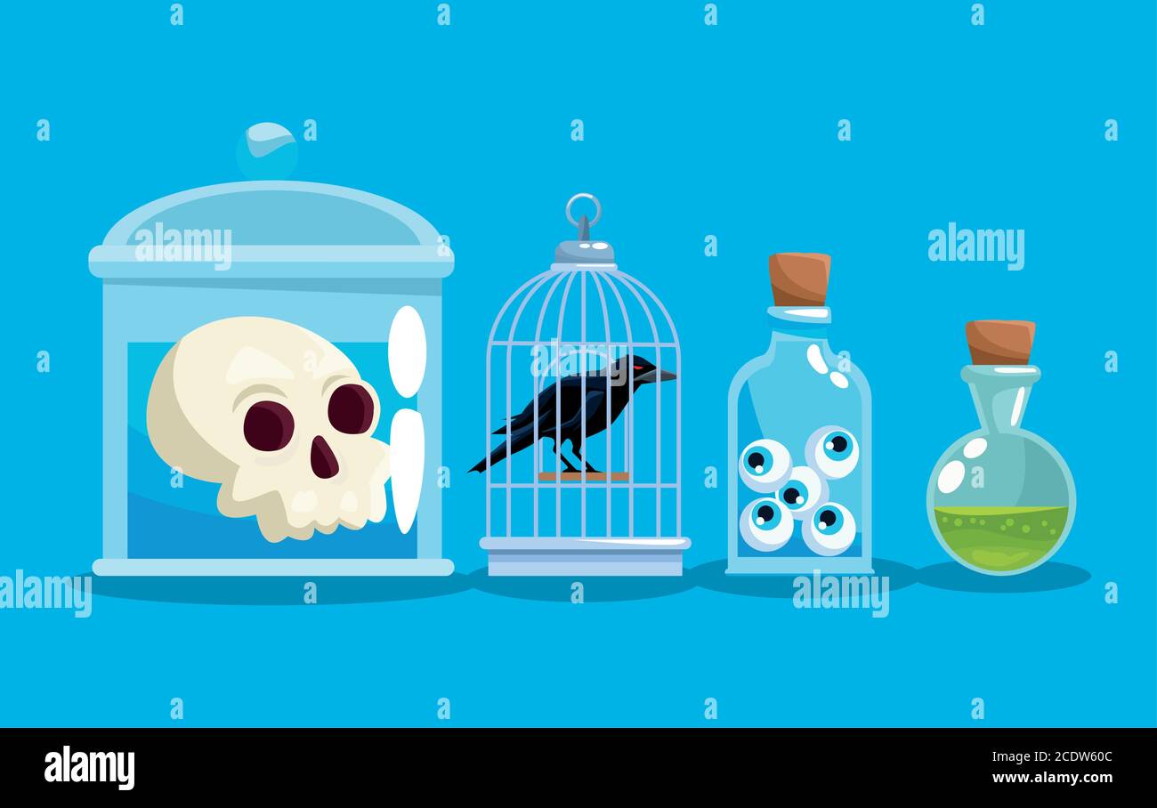 Halloween jars with skull raven eyes and poison design, Holiday and ...