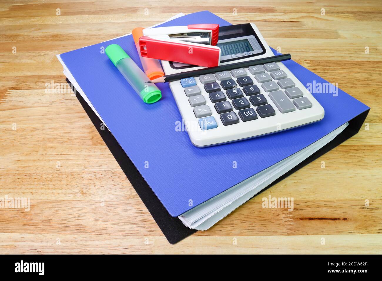 blue file folder calculator pencil with Color highlight and Stack paper ...