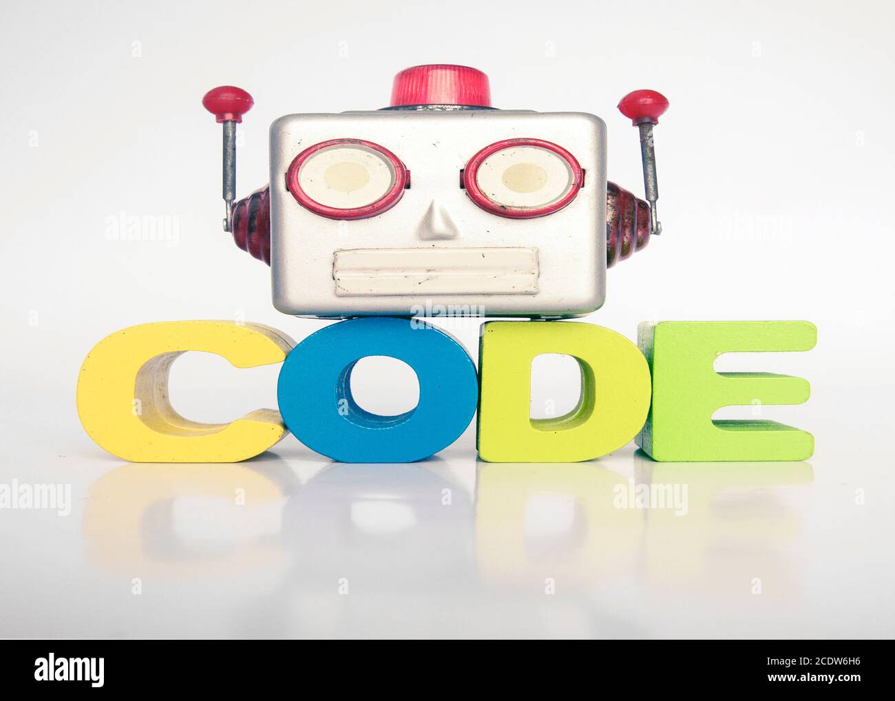 silver robot head with the word CODE isolated on white Stock Photo - Alamy
