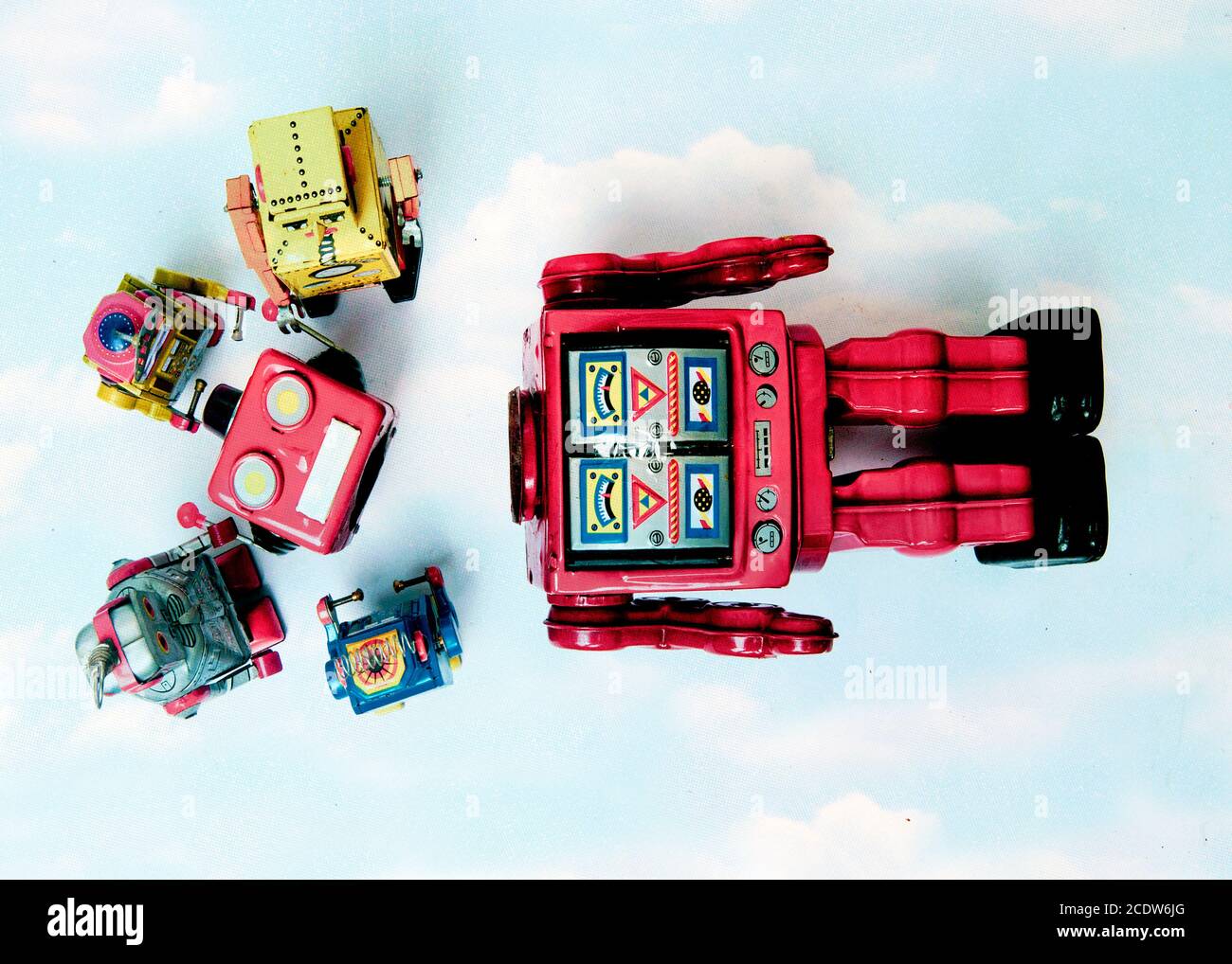 concept technical support; woth a team of vintage robots fixing the big ...