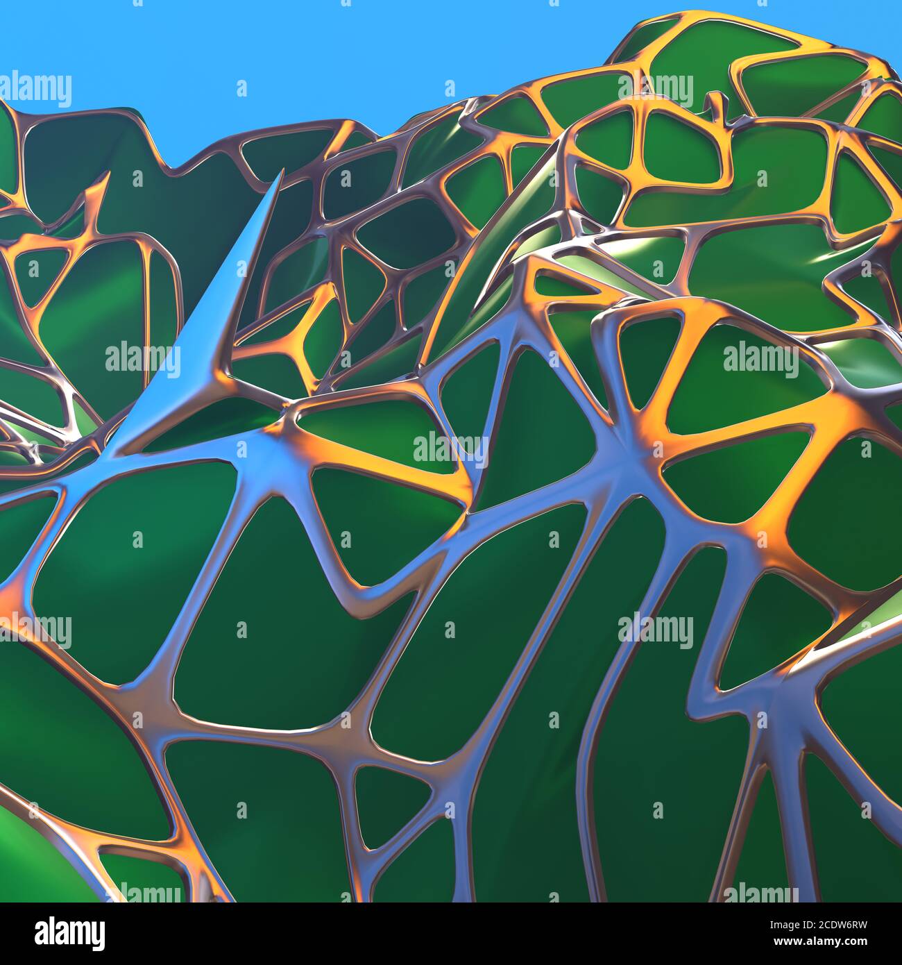 Abstract 3d rendering of chaotic green landscape structure with golden ...