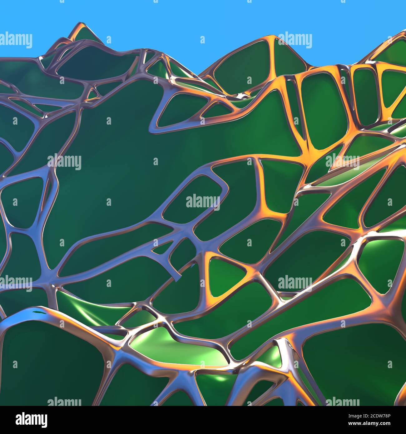 Abstract 3d rendering of chaotic green landscape structure with golden ...
