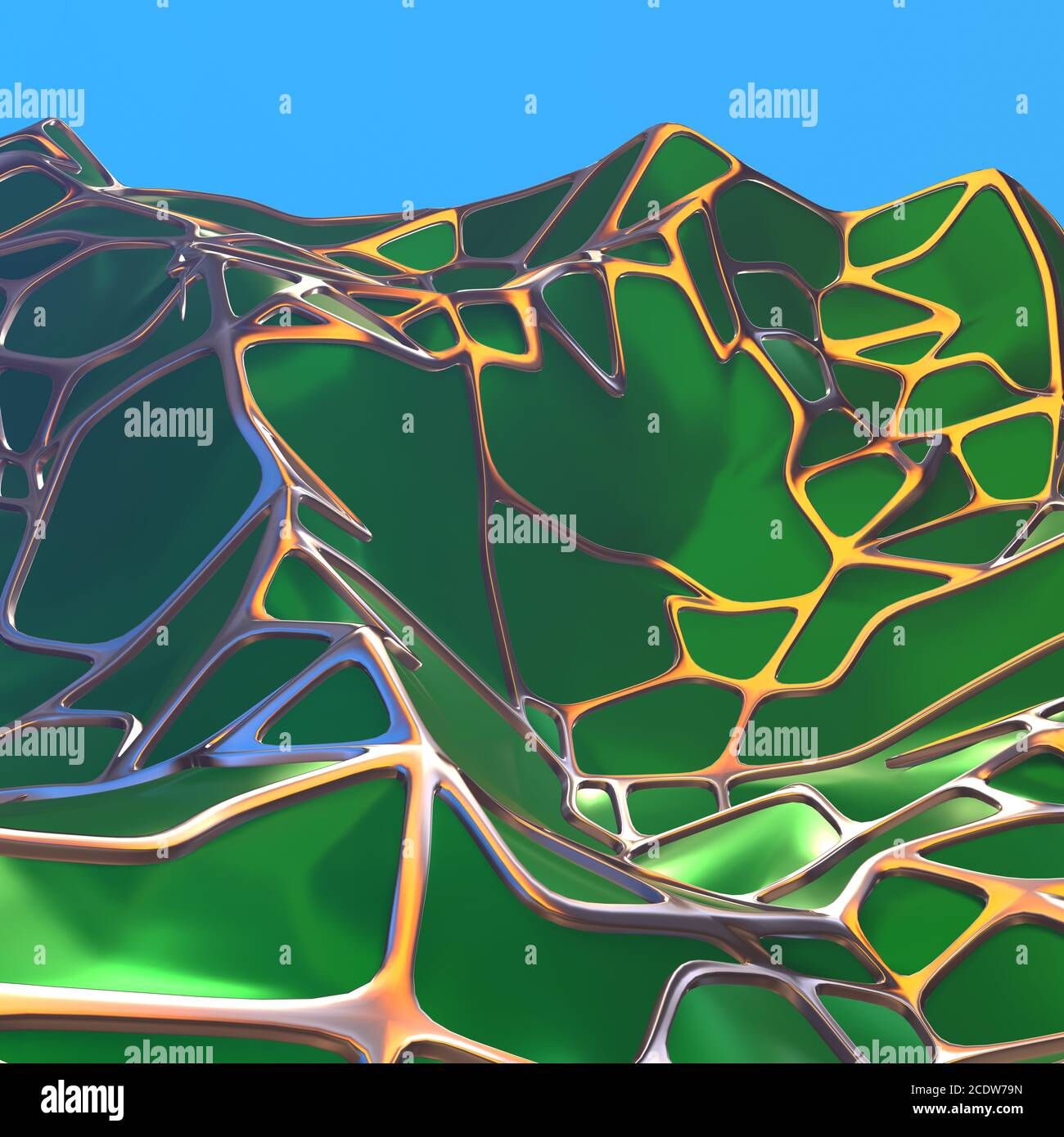 Abstract 3d rendering of chaotic green landscape structure with golden ...