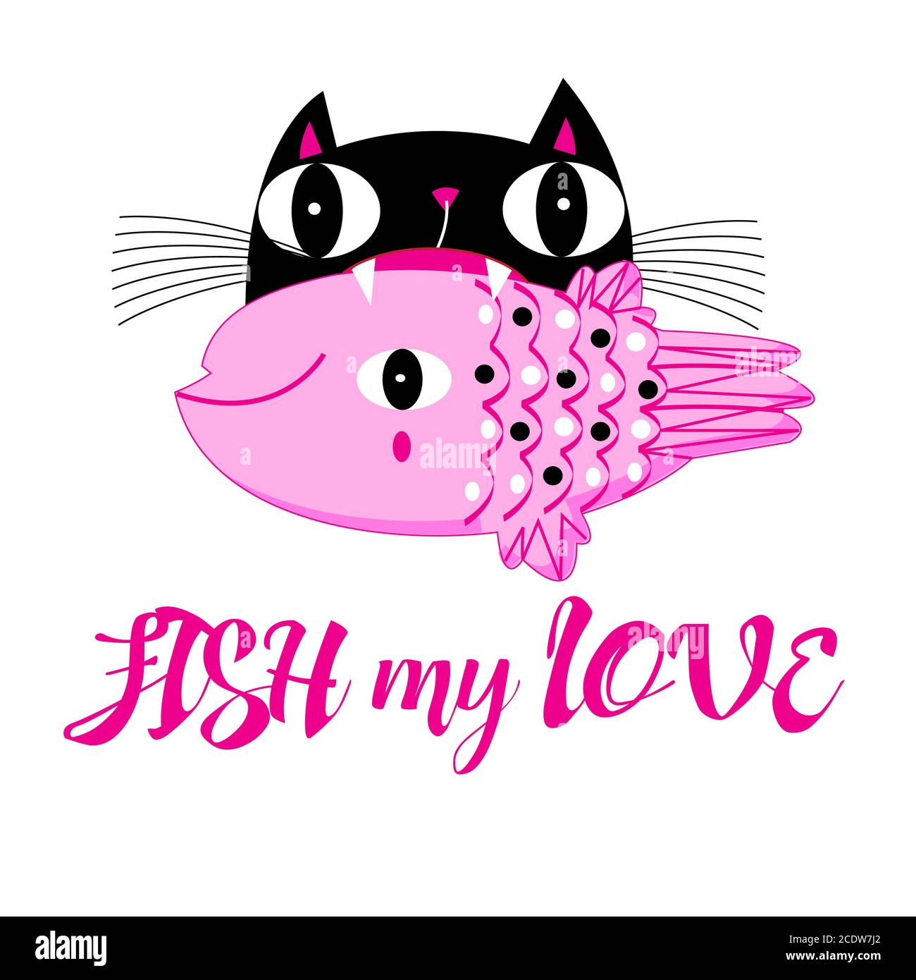 Vector illustration of a lovely funny cat with a fish on a white ...