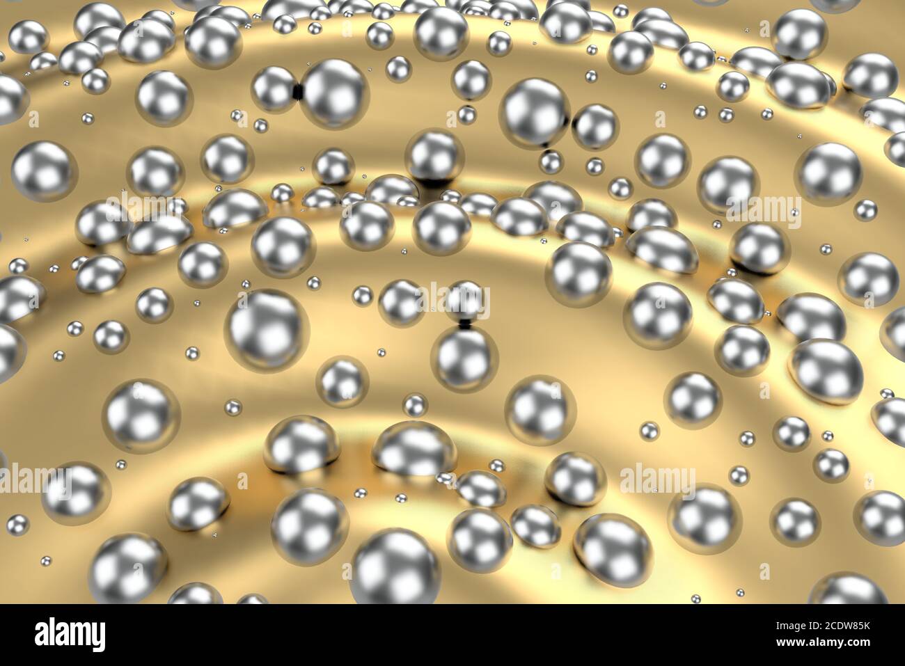 Silver or white gold platinum spheres over metal yellow wave background ...