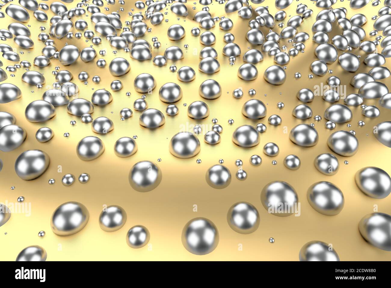 Silver or white gold platinum spheres over metal yellow wave background ...