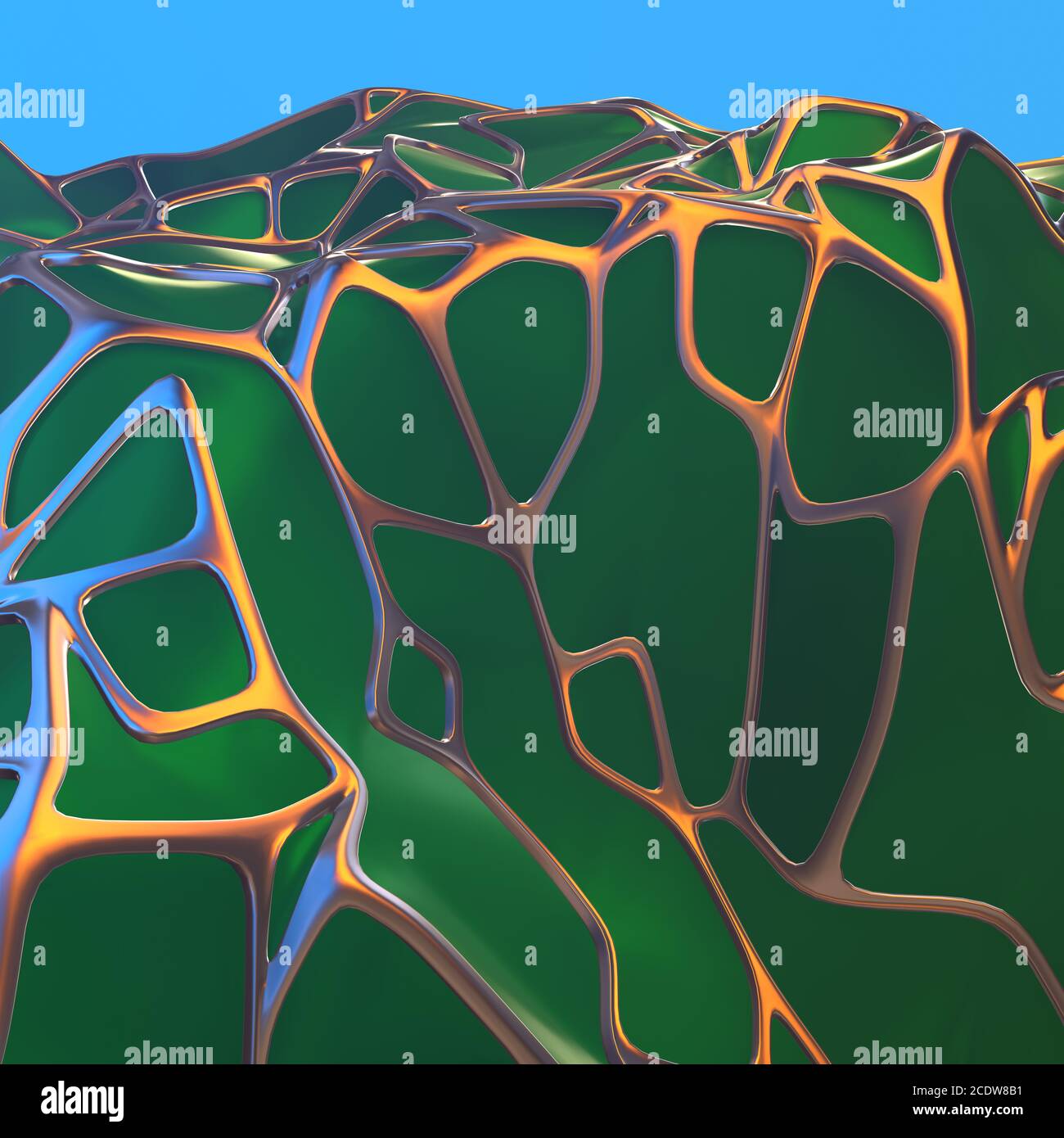 Abstract 3d rendering of chaotic green landscape structure with golden ...