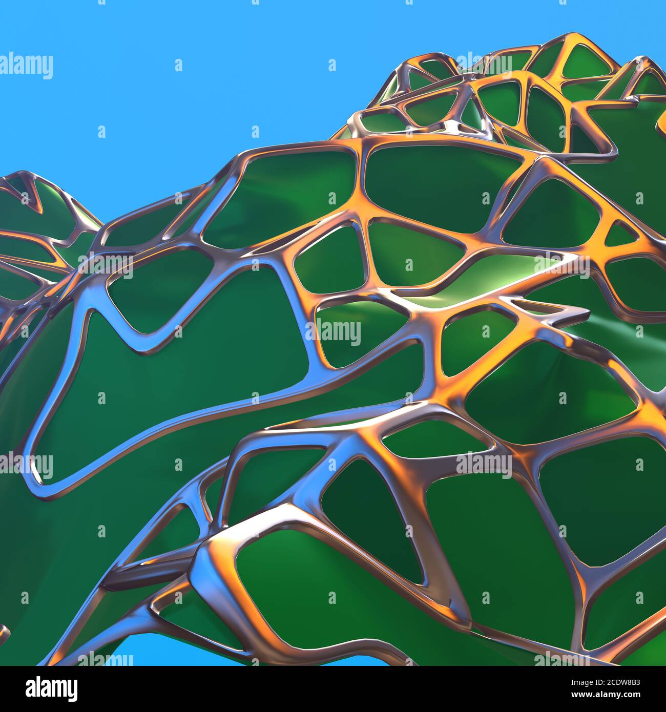 Abstract 3d rendering of chaotic green landscape structure with golden ...