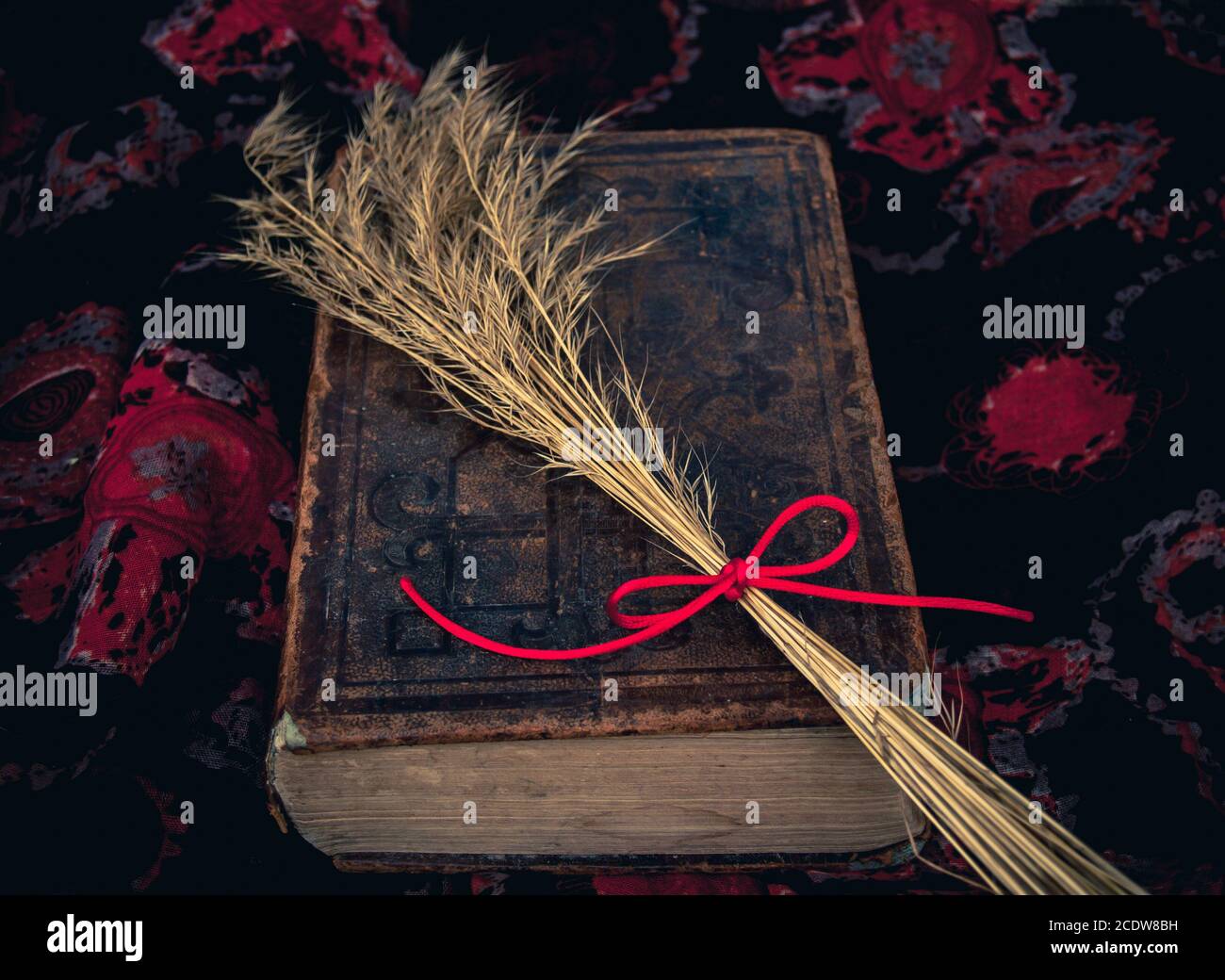 Vintage style. closed antique book with dry grass and red thread with ...