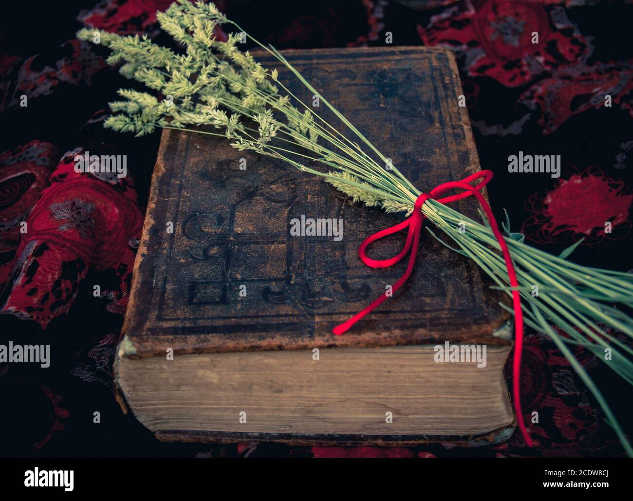 Vintage style. closed antique book with dry grass and red thread with ...