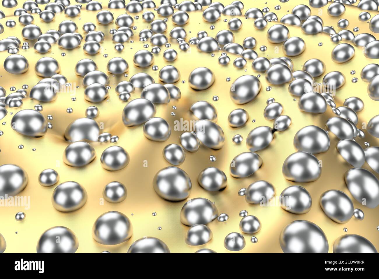 Silver or white gold platinum spheres over metal yellow wave background ...