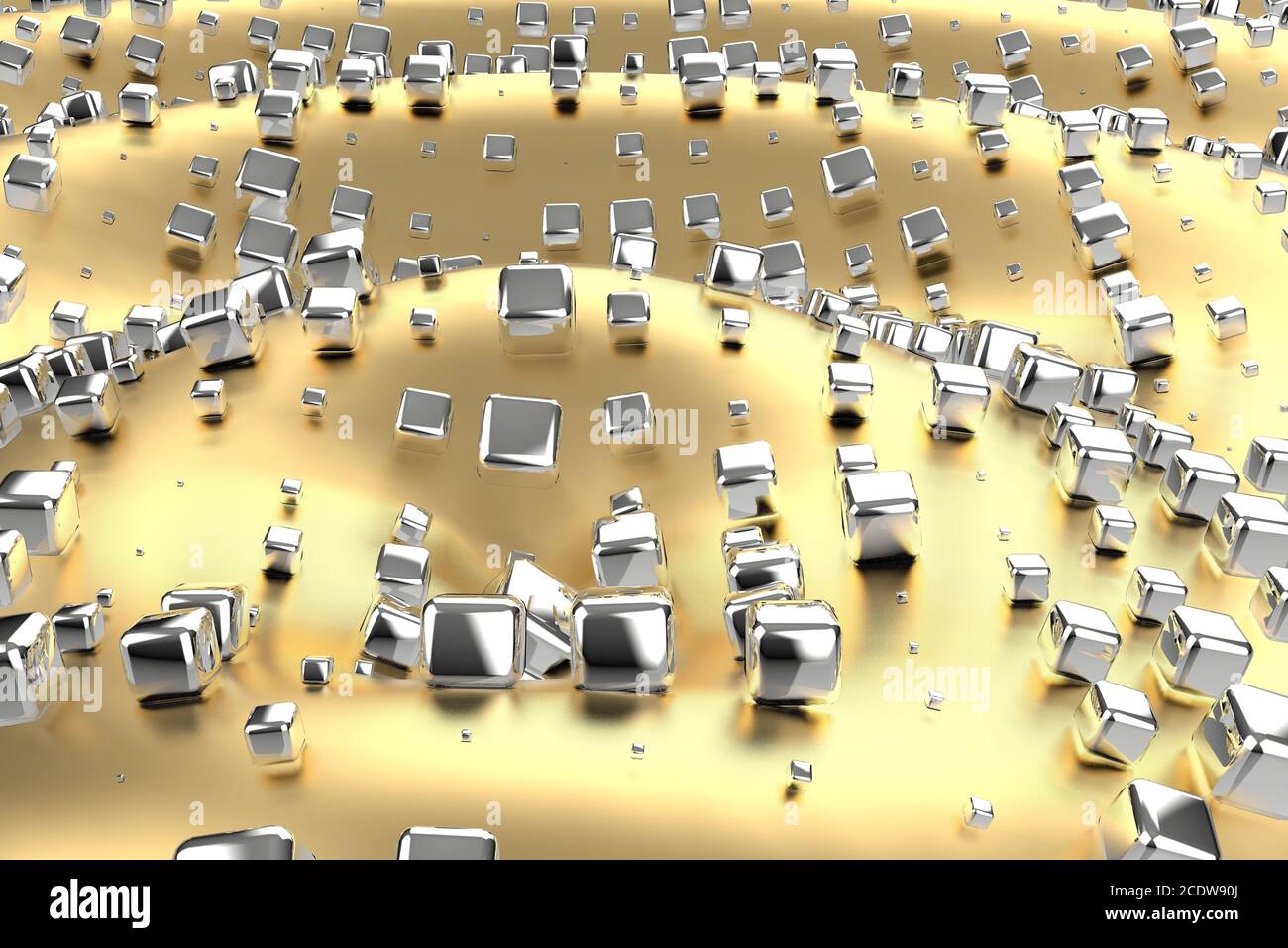 Silver or white gold platinum blocks cubes over metal yellow wave ...