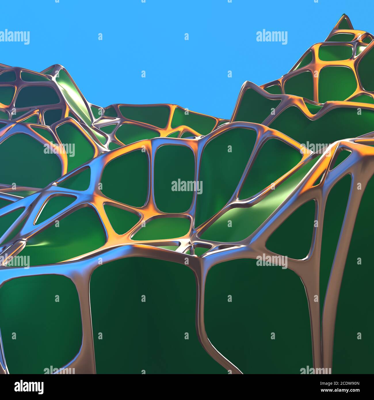 Abstract 3d rendering of chaotic green landscape structure with golden ...
