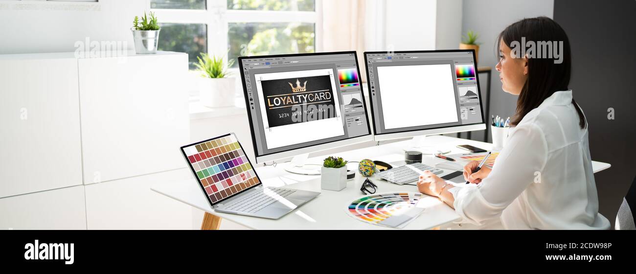 Graphic Designer Artist Working On Multiple Computer Screens Stock ...