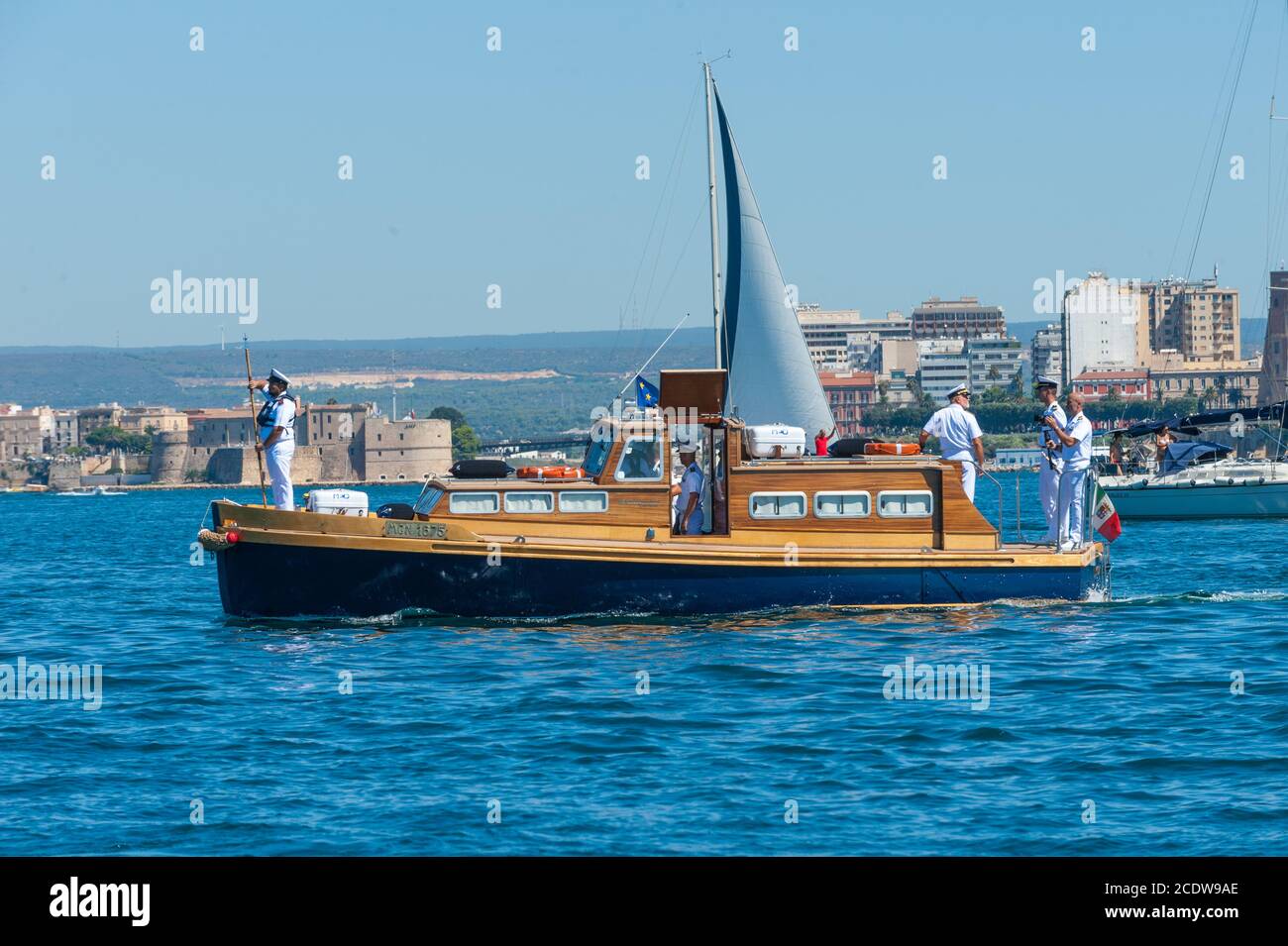Tender boat transferring commander to the training ship of the Italian ...