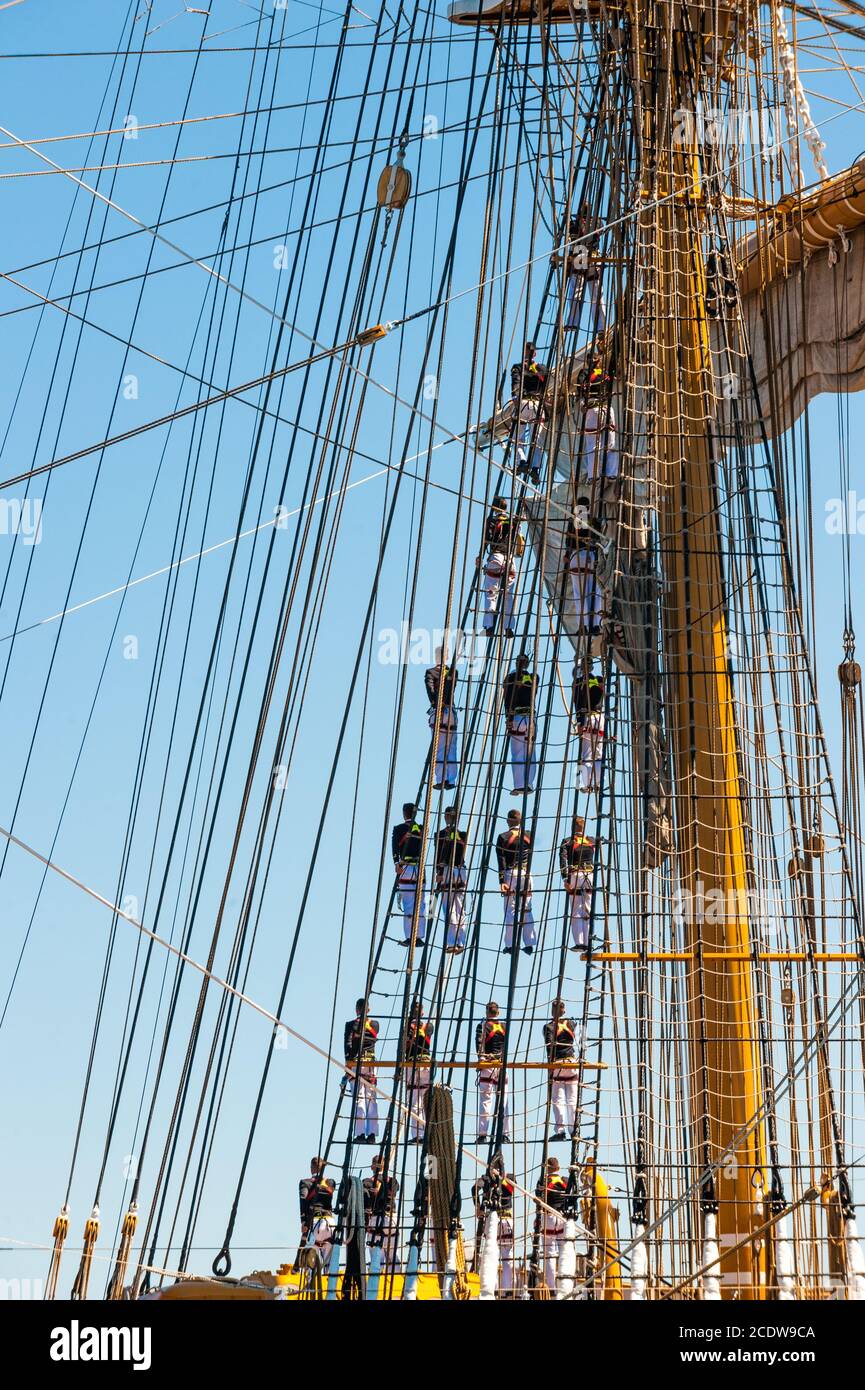 Cadets ceremony for welcoming the commander on boad the training ship ...