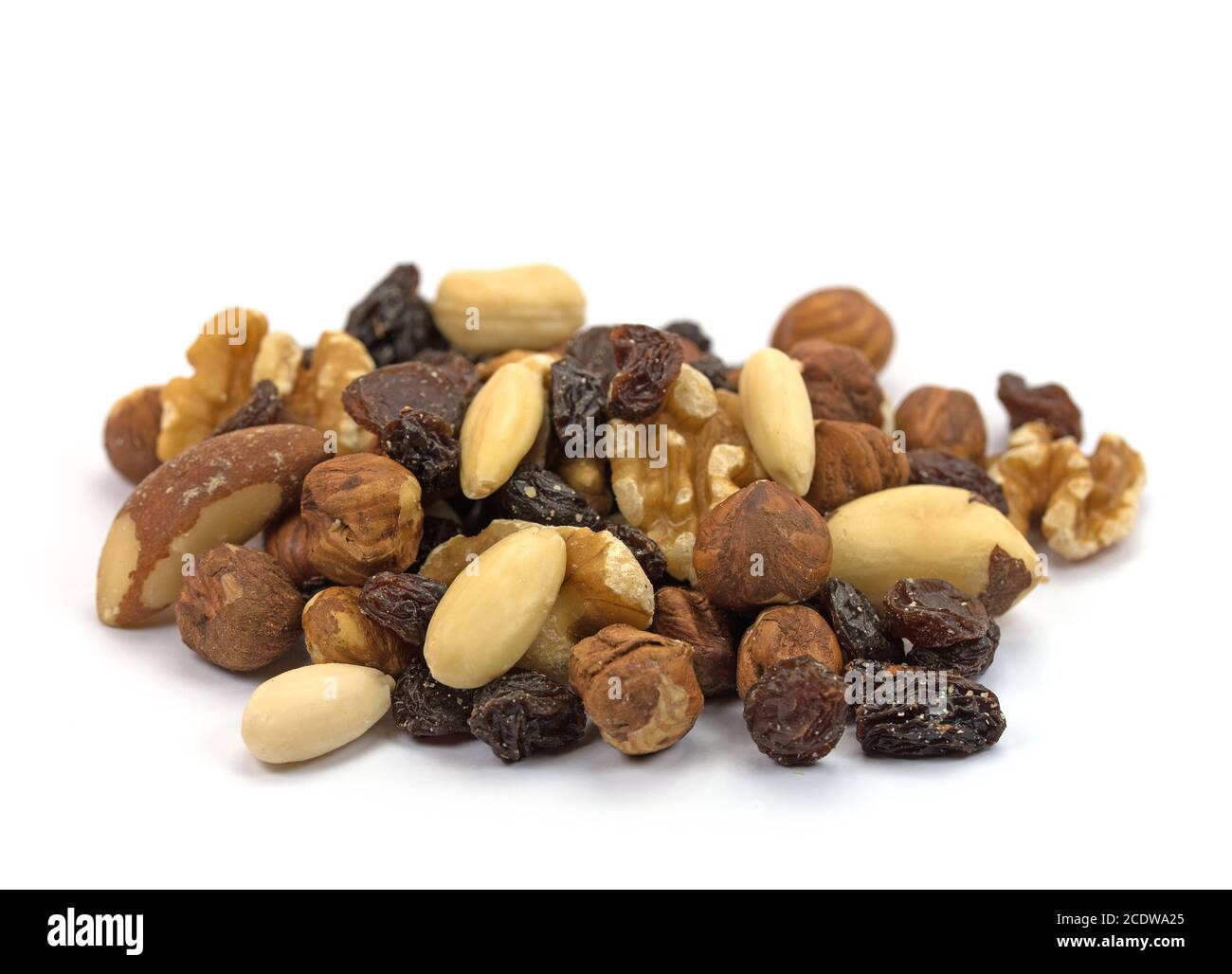 A mix of nuts and raisins against a white background Stock Photo - Alamy