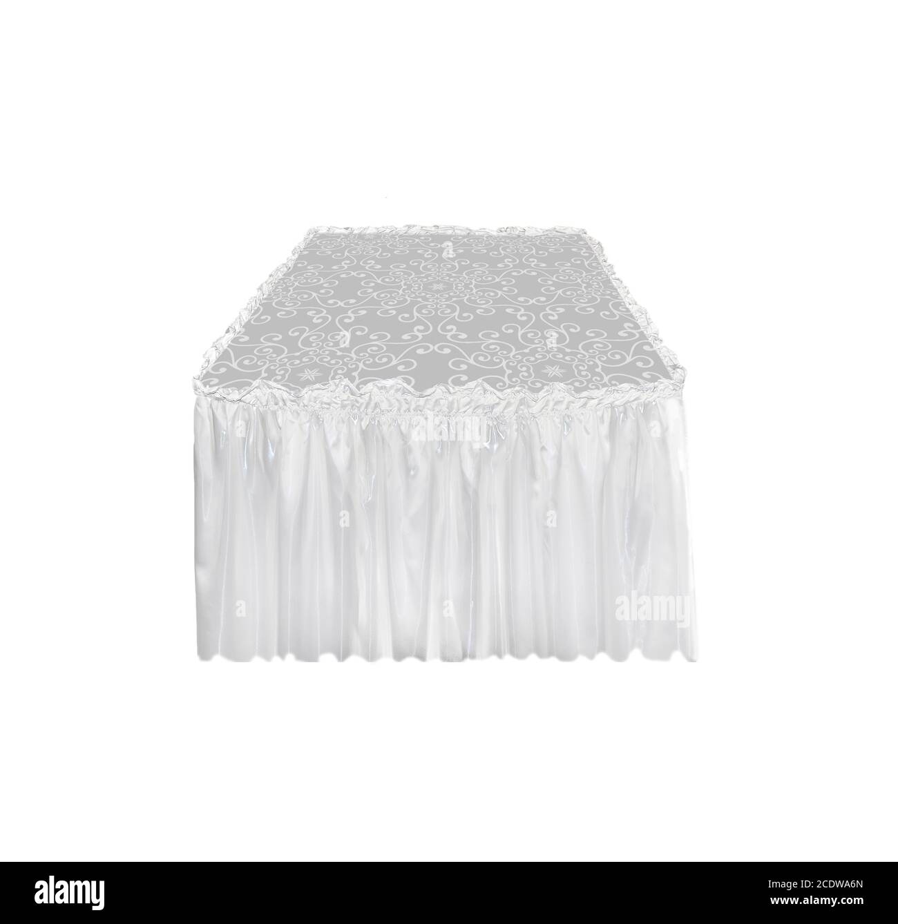 Square Table with silk banquet Tablecloth with folds Isolated on White ...