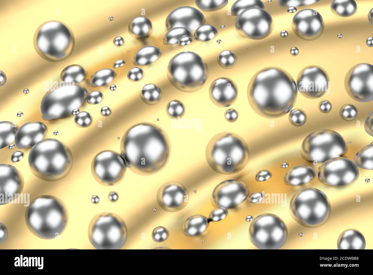 Silver or white gold platinum spheres over metal yellow wave background ...