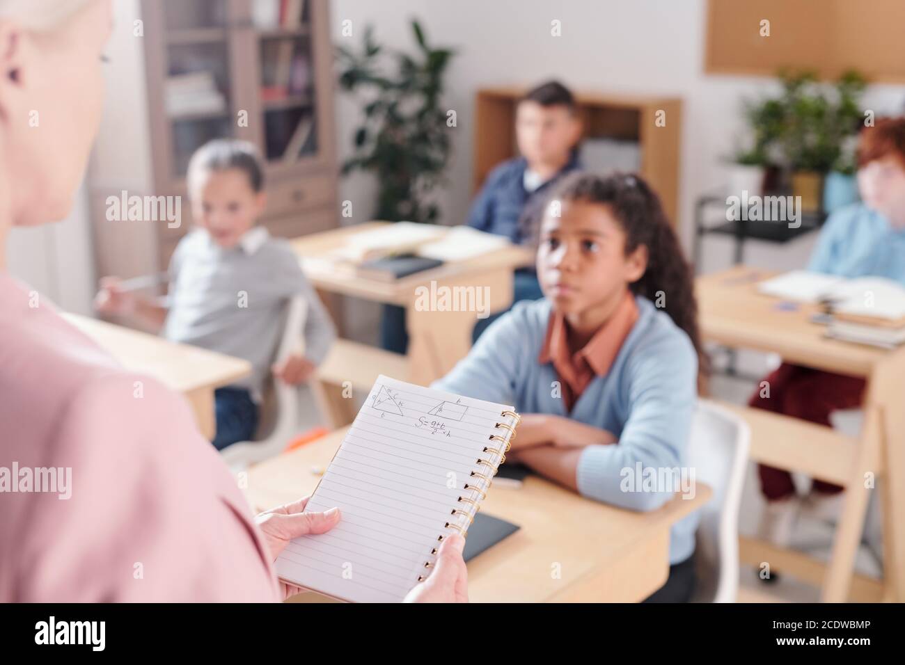 Copybook with sketches of triangles held by teacher standing in front ...