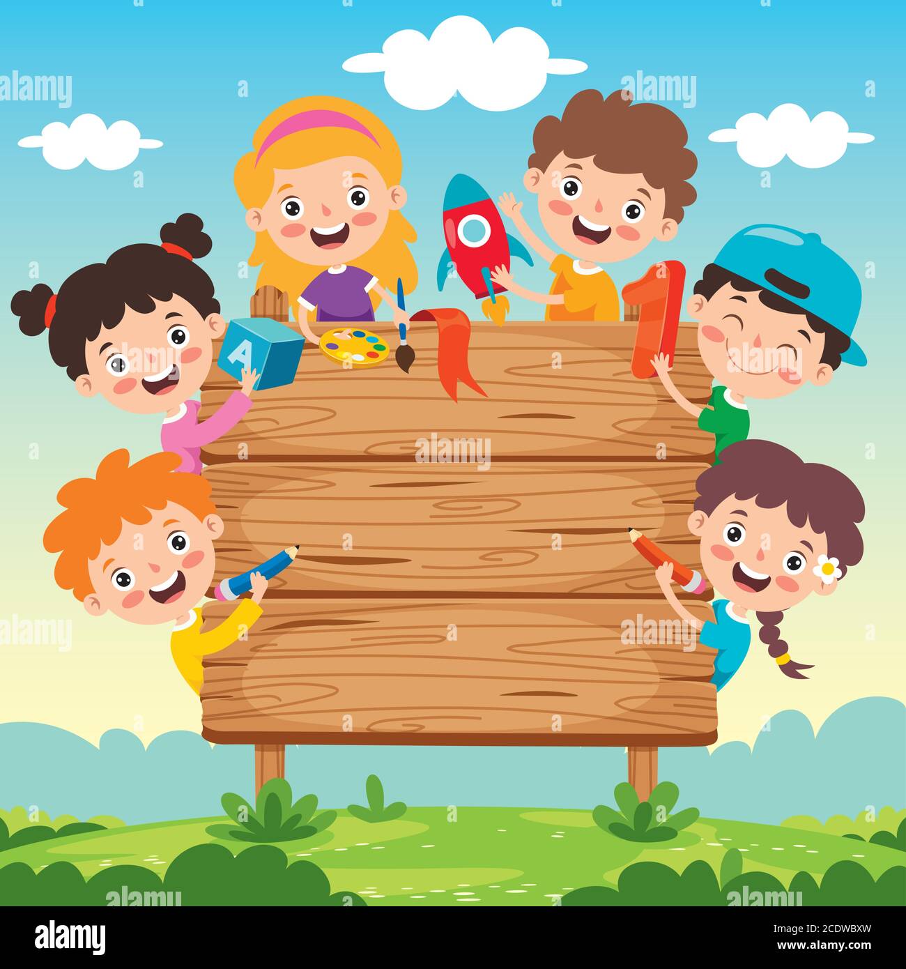 Funny Children Posing With A BLank Wooden Sign Board Stock Vector Image ...