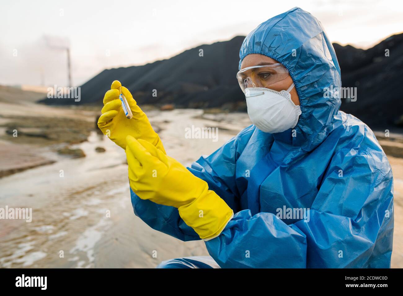 Young female ecologist or researcher looking at flask with sample of ...