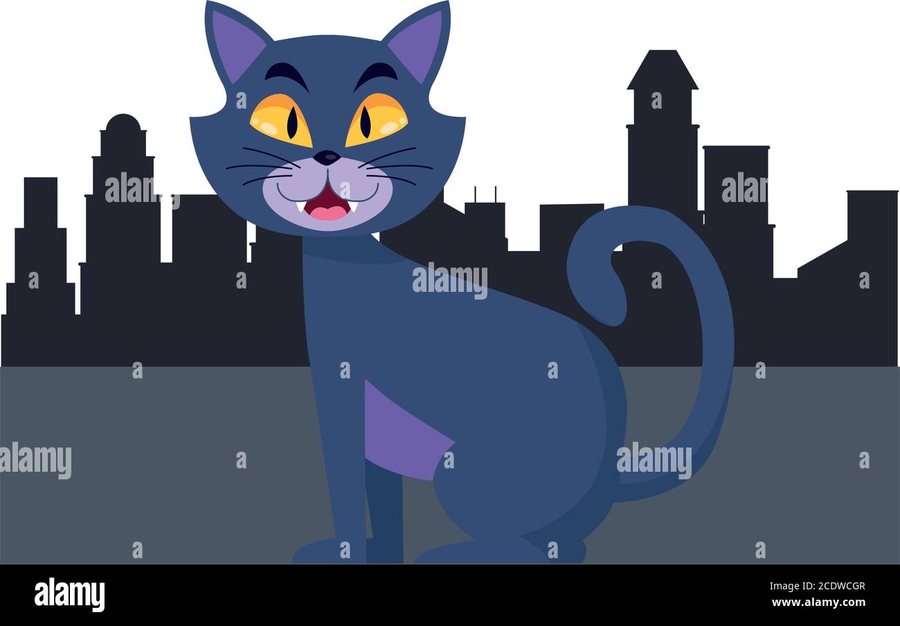 Cute cat cartoon at city design, Animal pet kitten domestic feline ...