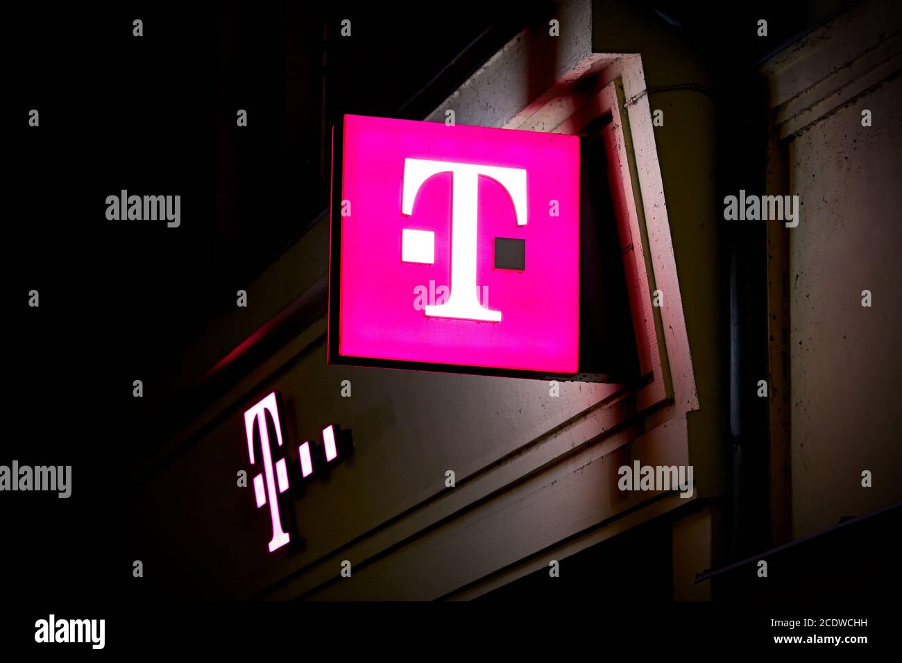 Neon sign at a Telecom Shop in downtown Karlovy Vary in the Czech ...