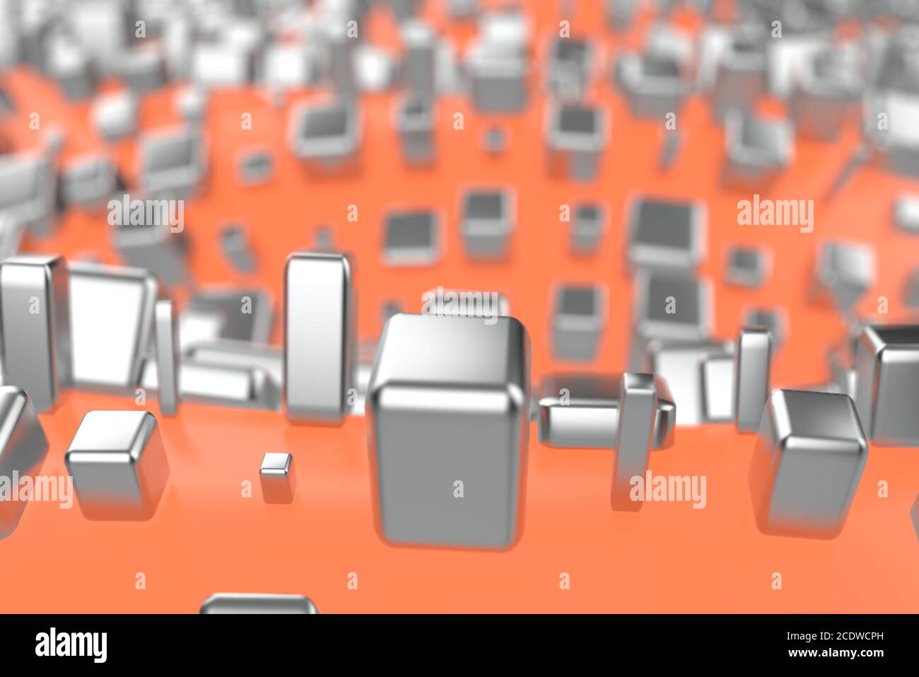 Silver or white gold platinum blocks cubes over light pink orange wave ...