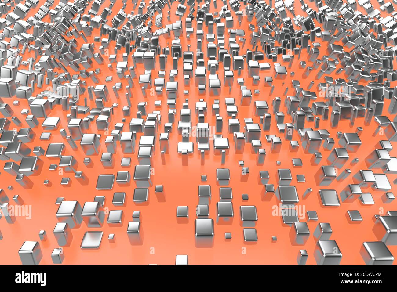 Silver or white gold platinum blocks cubes over light pink orange wave ...