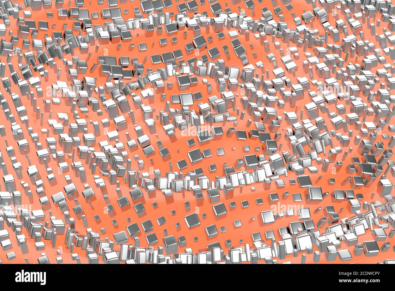 Silver or white gold platinum blocks cubes over light pink orange wave ...