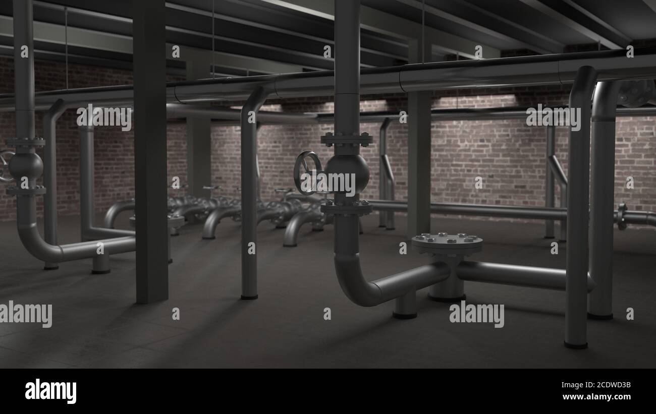 Large industrial boiler, pipes and valves room 3d illustration Stock ...