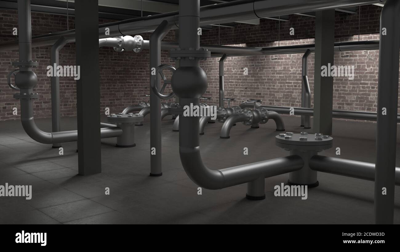 Large industrial boiler, pipes and valves room 3d illustration Stock ...
