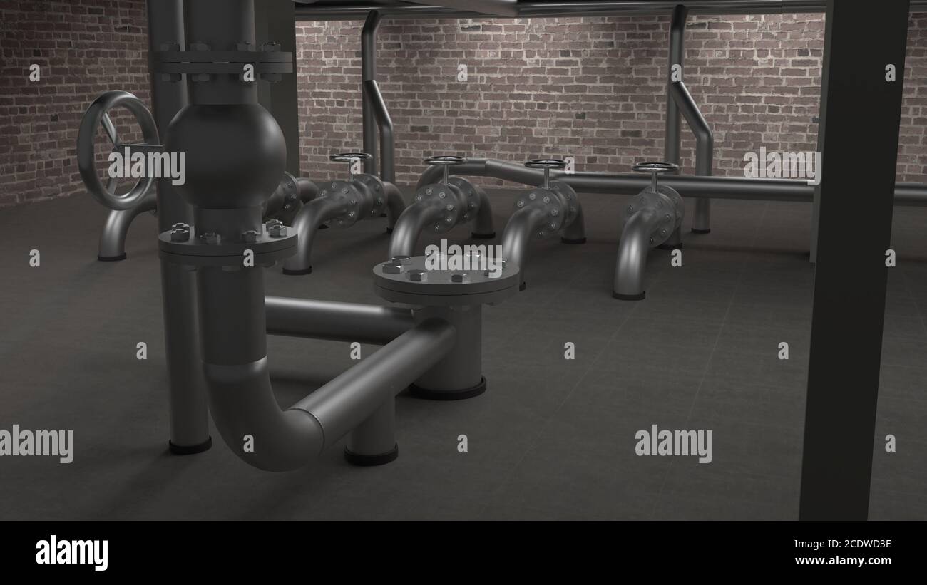 Large industrial boiler, pipes and valves room 3d illustration Stock ...