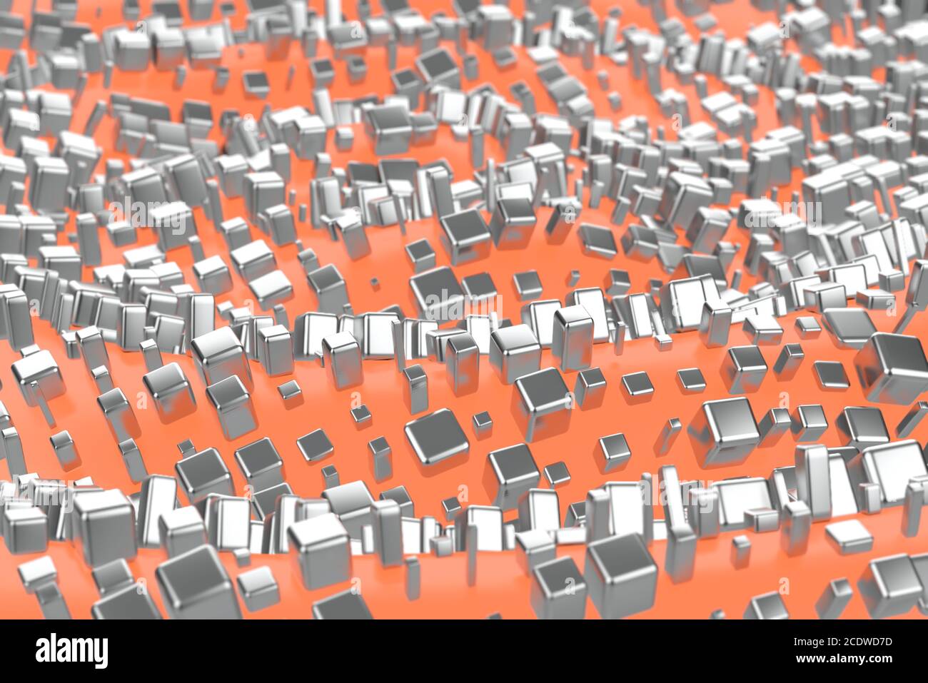 Silver or white gold platinum blocks cubes over light pink orange wave ...