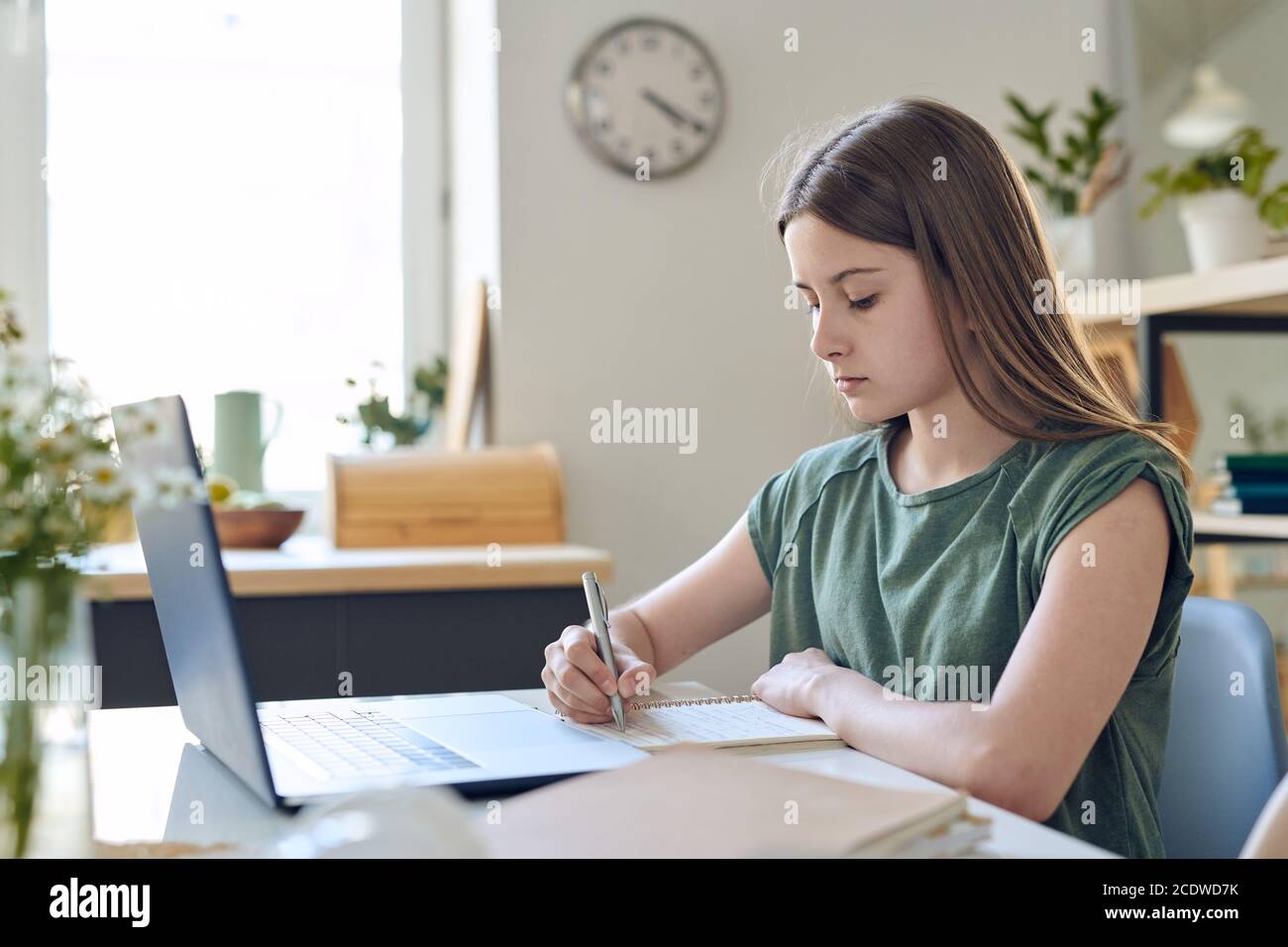 Serious teenage girl making notes while sitting by desk in front of ...