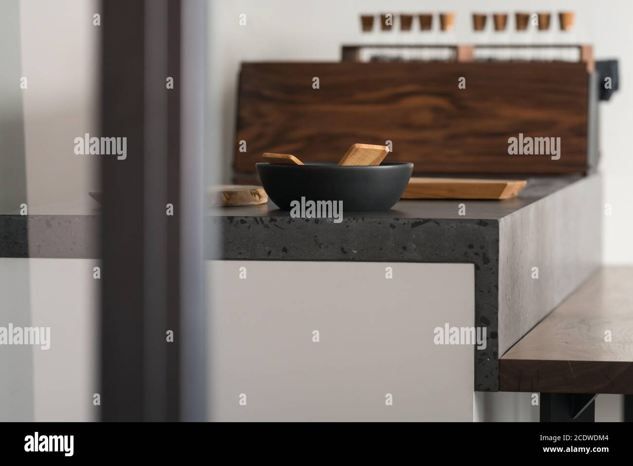 Modern minimalistic kitchen interior with concrete terrazzo countertop ...