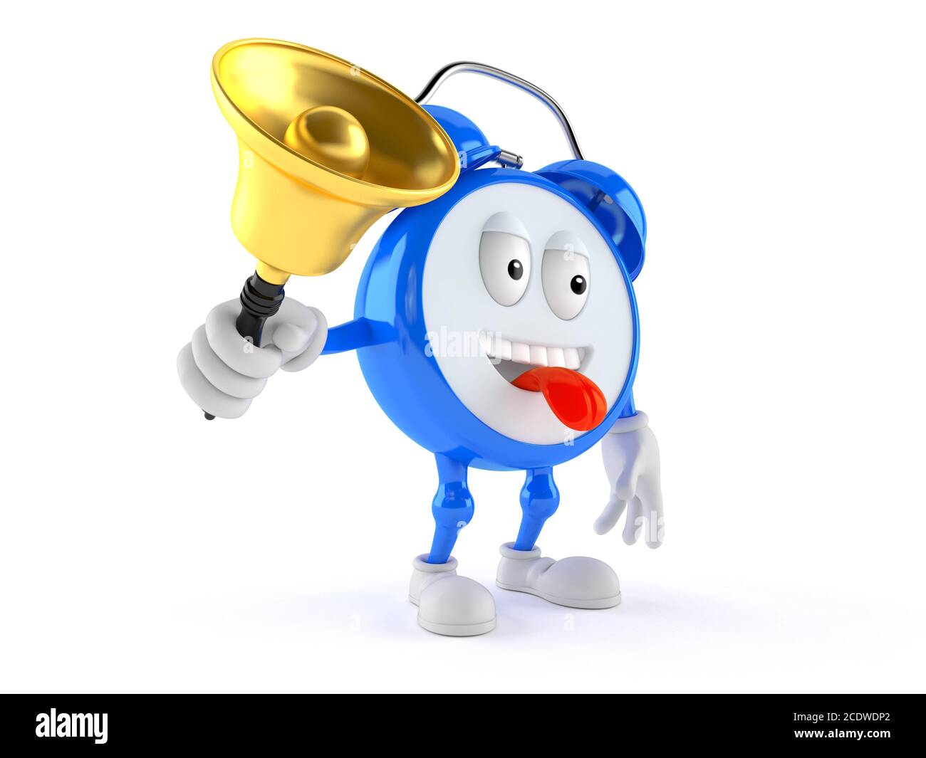Alarm clock character ringing a handbell isolated on white background ...
