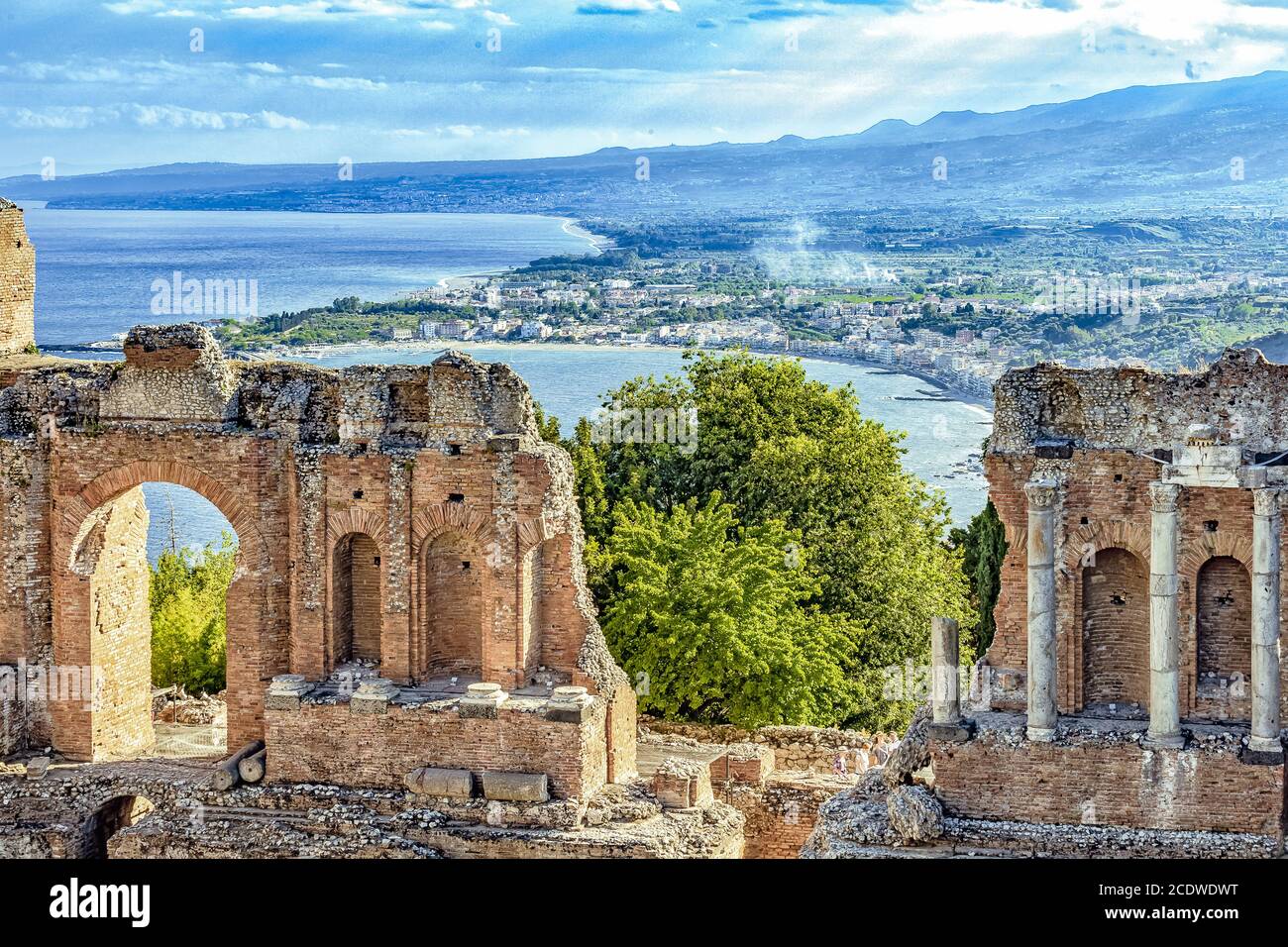 Greek Theater of Taormina - Giardini Naxos Bay in Sicily Stock Photo ...