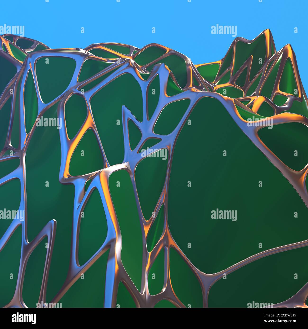 Abstract 3d rendering of chaotic green landscape structure with golden ...
