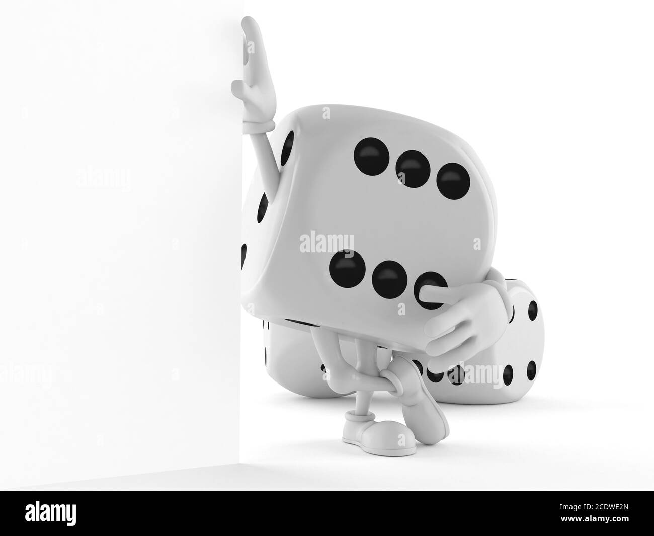 Dice character leaning against a wall isolated on white background ...