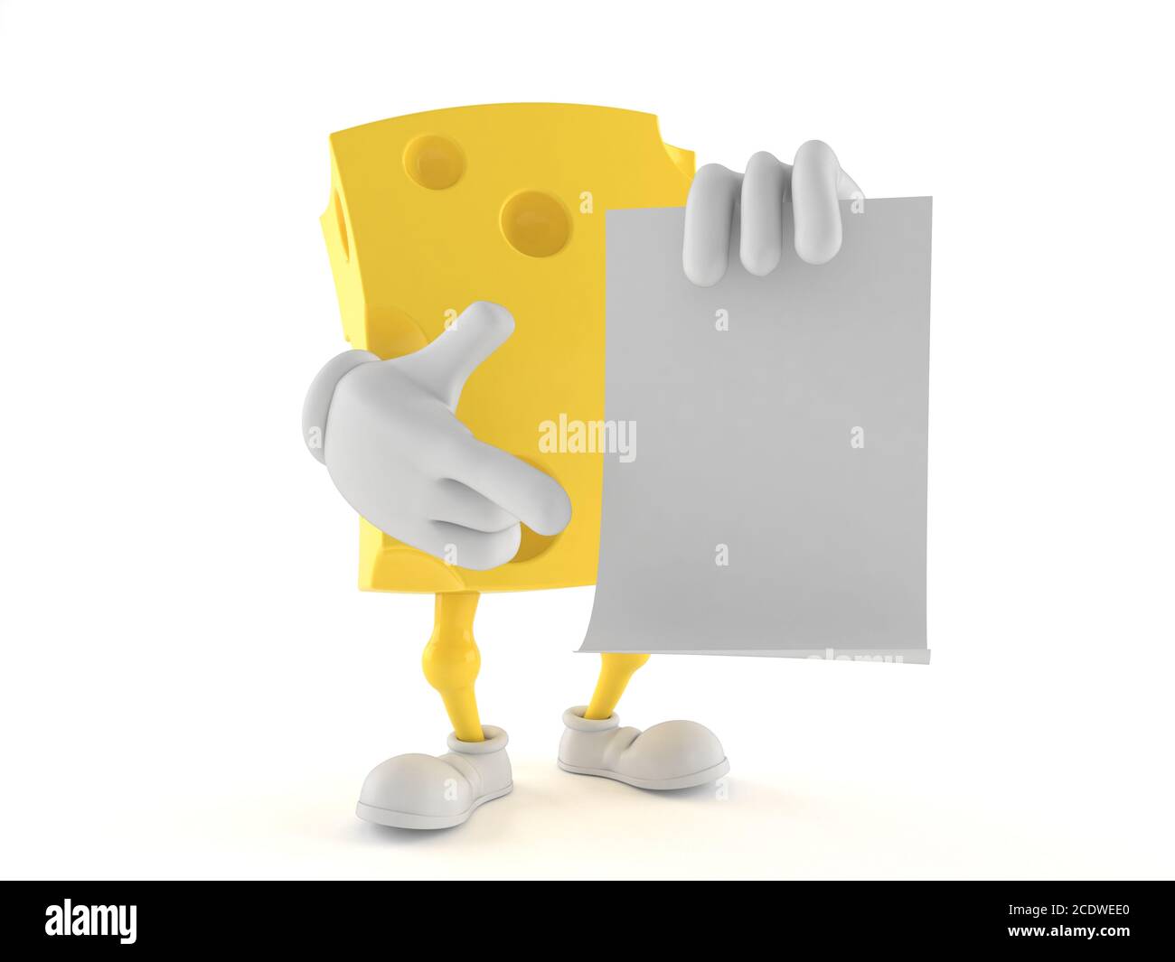 Cheese character holding blank sheet of paper isolated on white ...