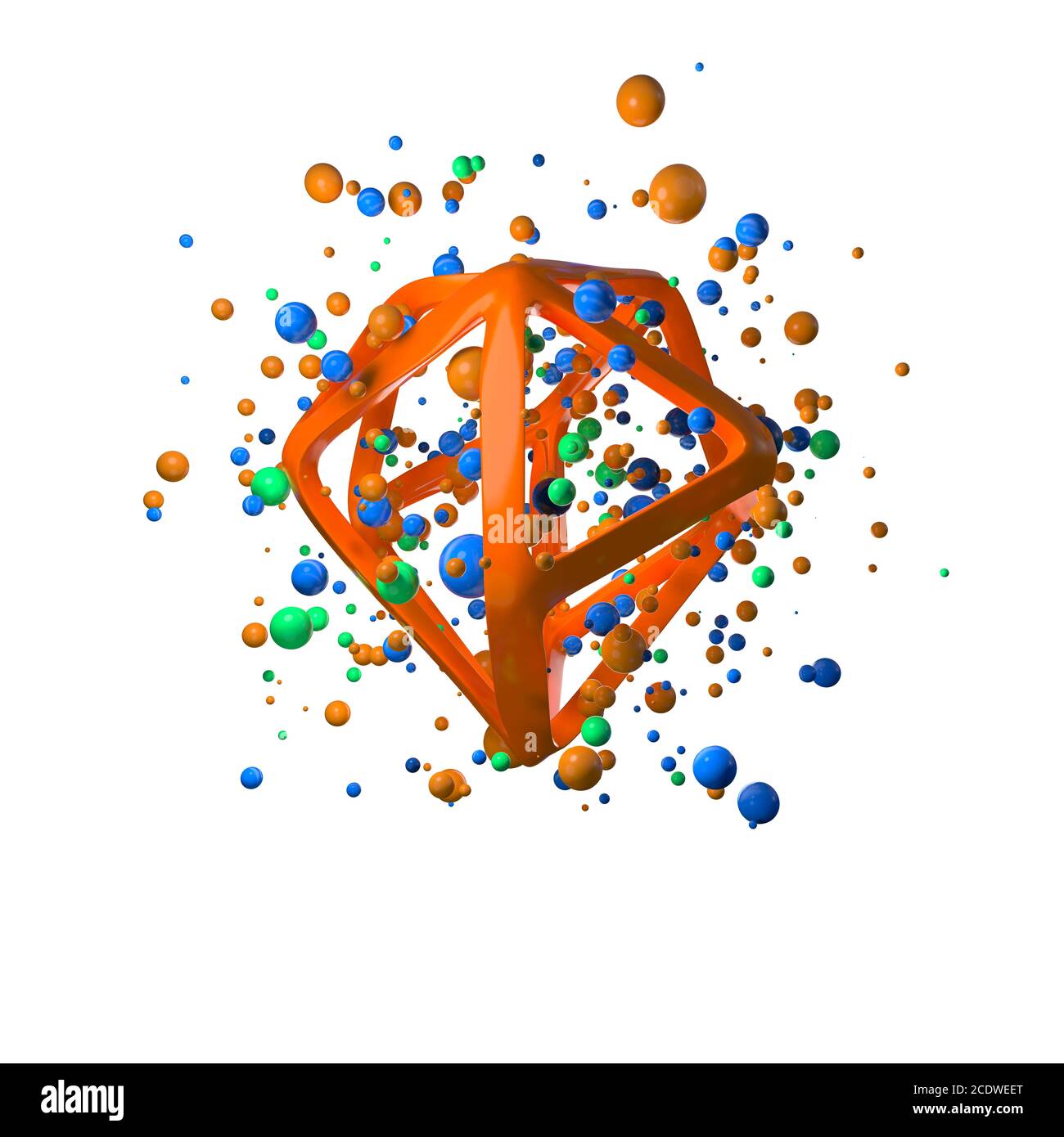 3d illustration of flying realistic primitives. Spherical shapes in ...