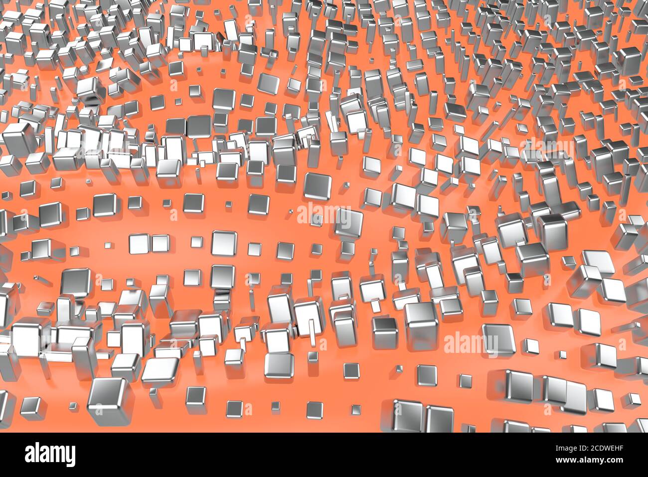 Silver or white gold platinum blocks cubes over light pink orange wave ...