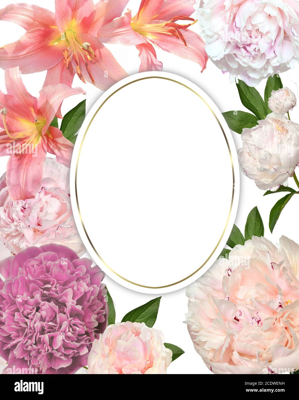 Vintage spring romantic floral frame with gentle pink lilies, peony ...