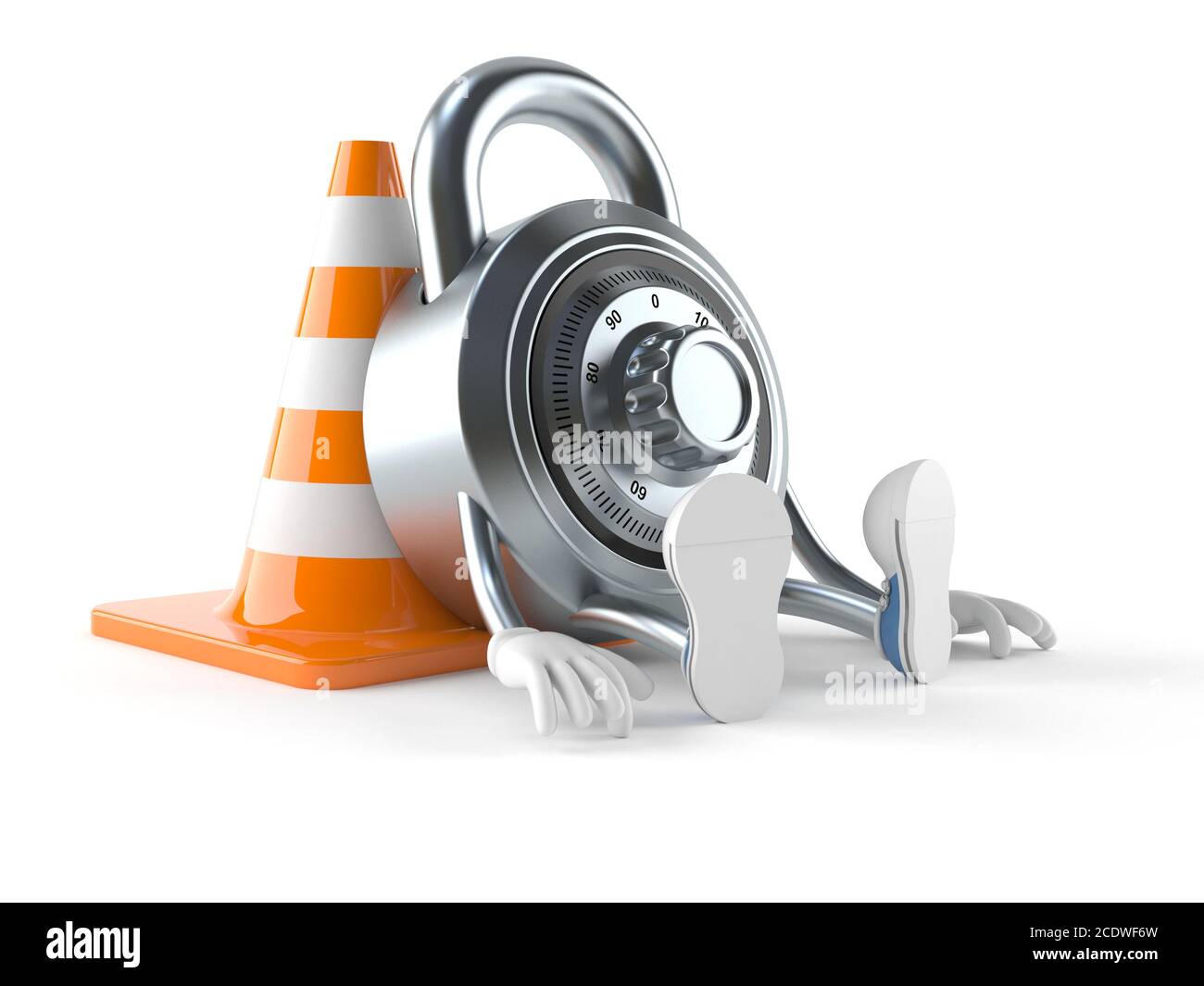 Combination lock character with traffic cone isolated on white ...