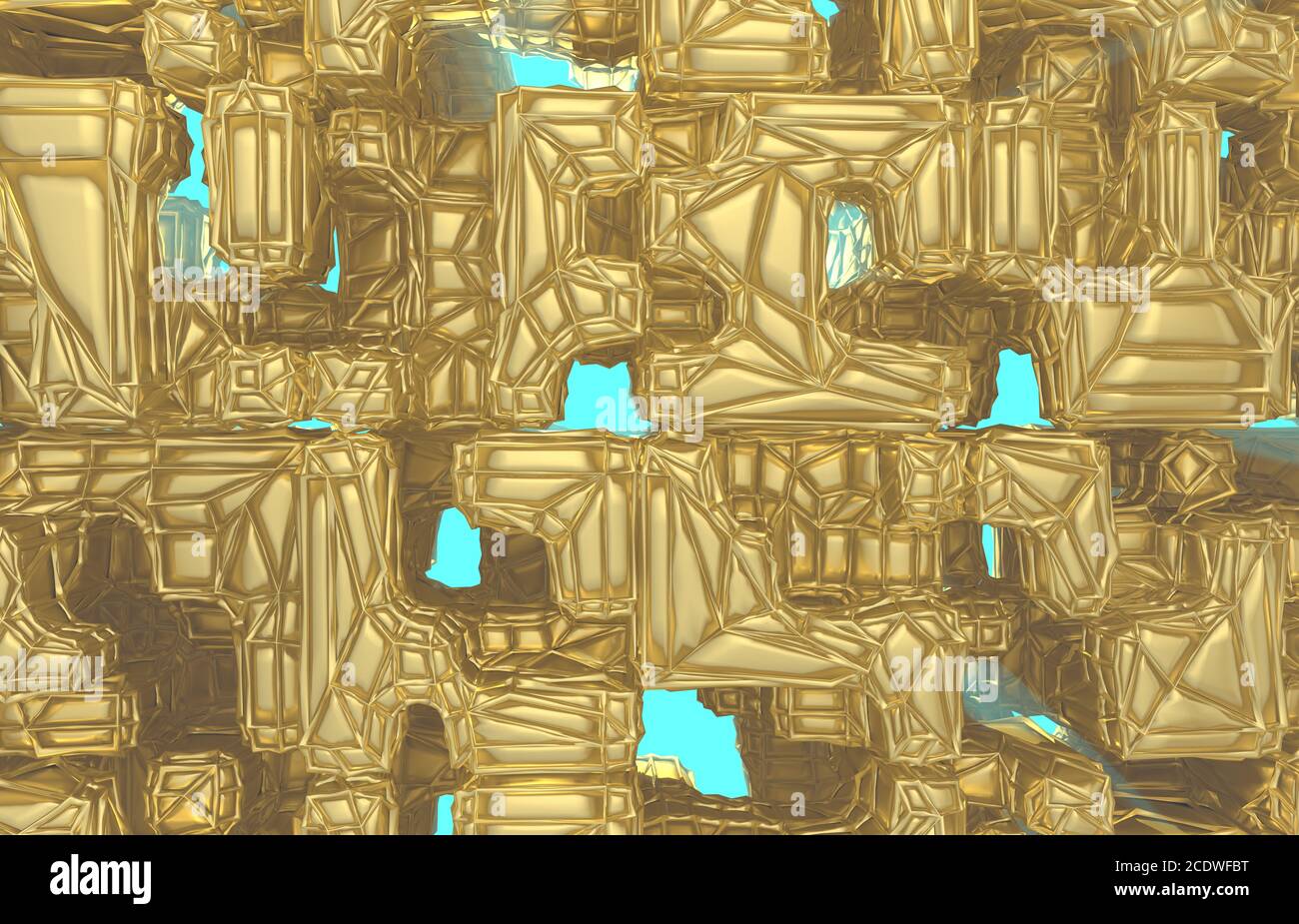 3d render, golden modern wired cube wall texture, random clusters ...
