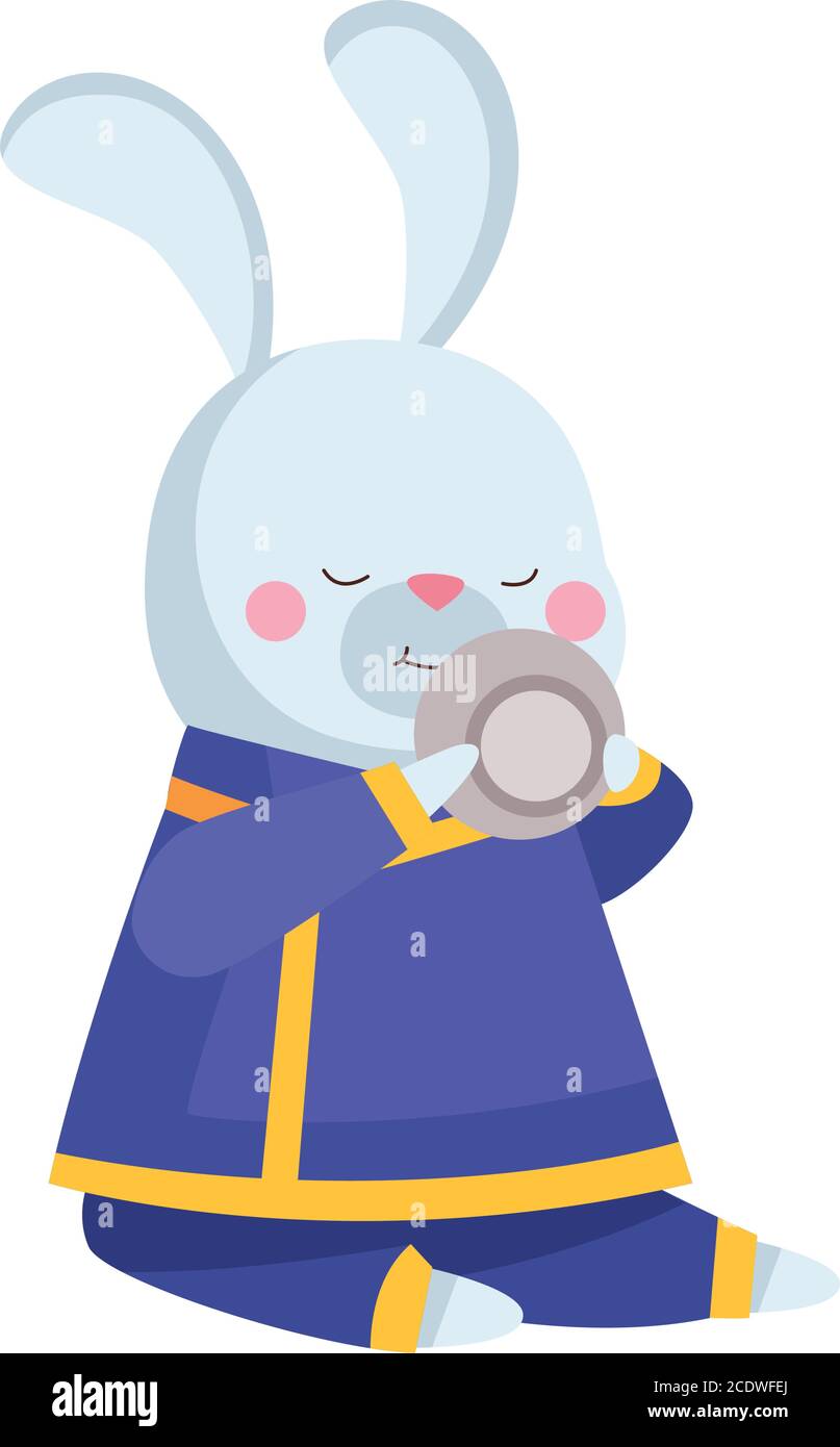 rabbit cartoon with traditional cloth and tea cup design, Happy mid ...