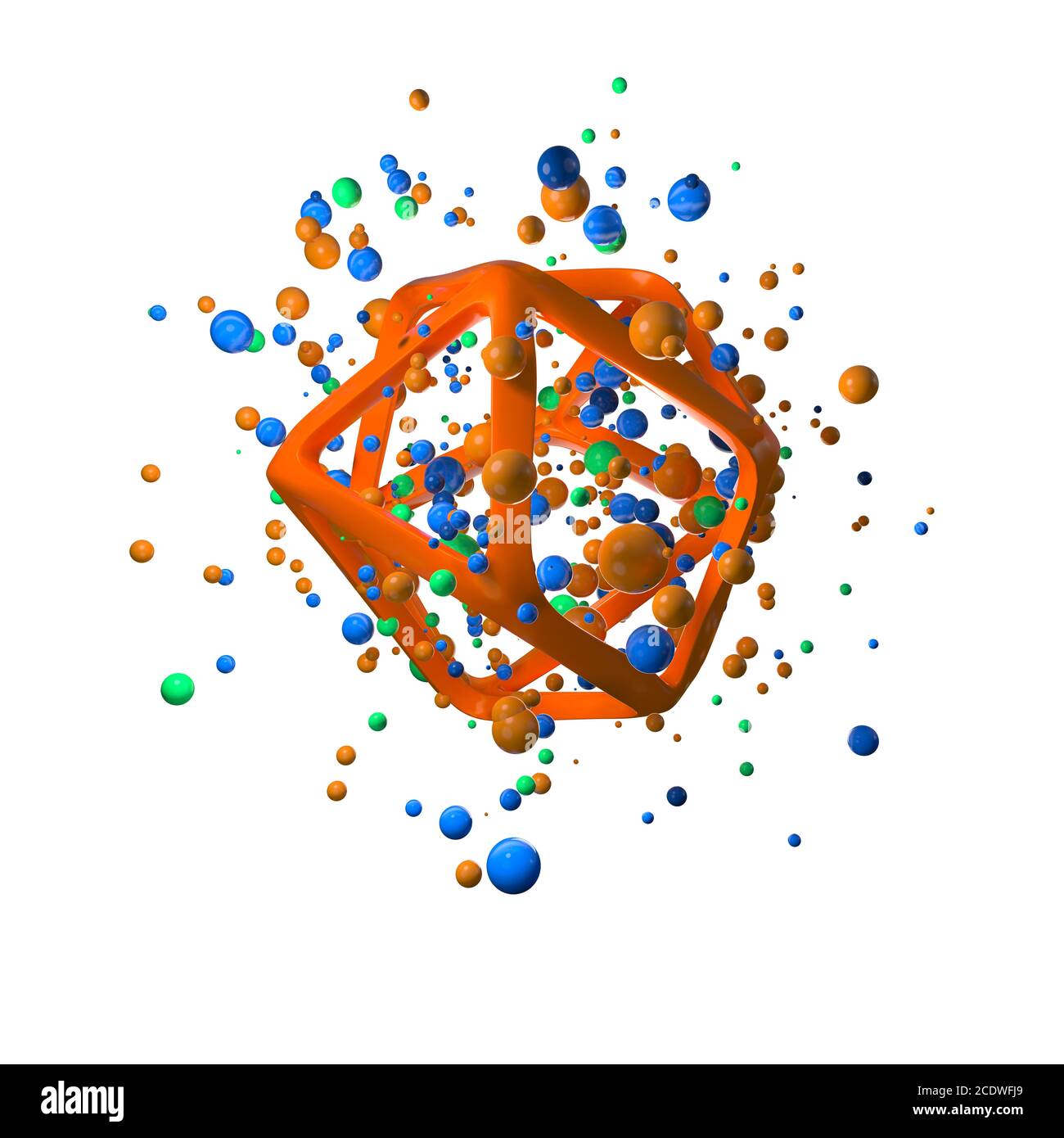 3d illustration of flying realistic primitives. Spherical shapes in ...