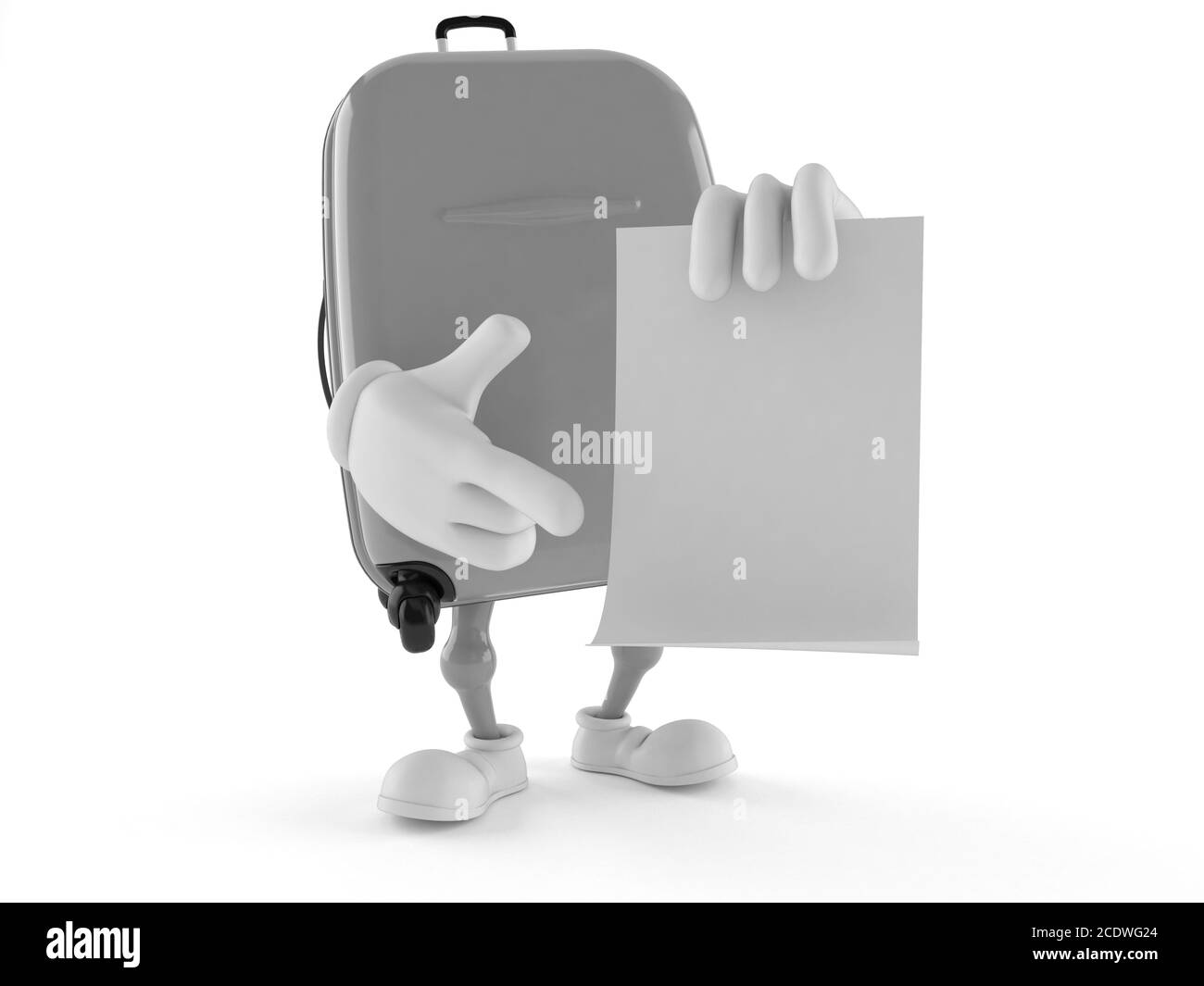 Suitcase character with blank sheet of paper isolated on white ...